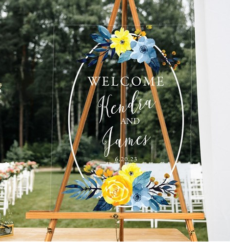 Personalized Blue & Yellow Floral Welcome Acrylic Sign - Bridesmaid ...